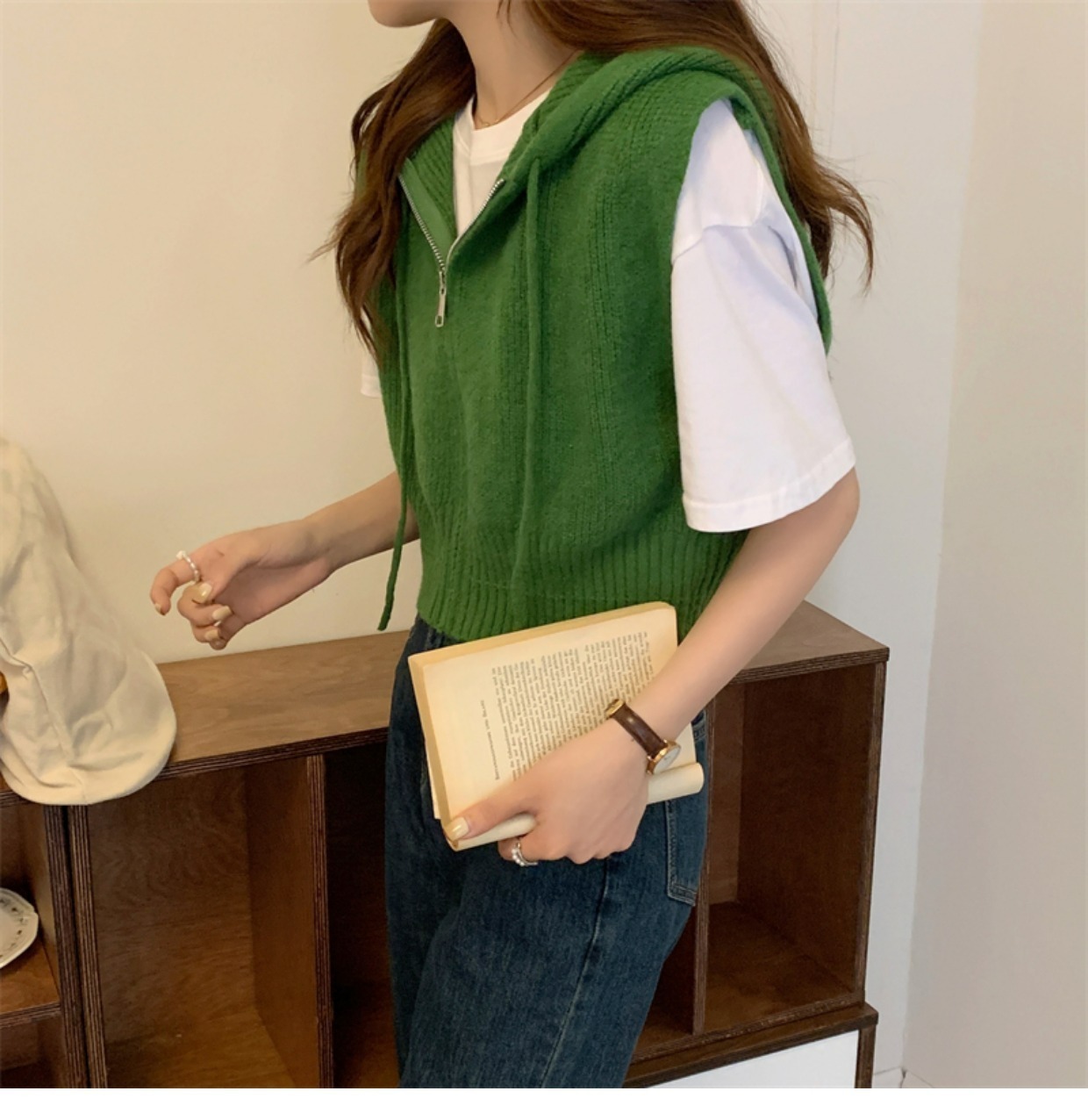 [베이직 니트 크롭 후드 조끼]