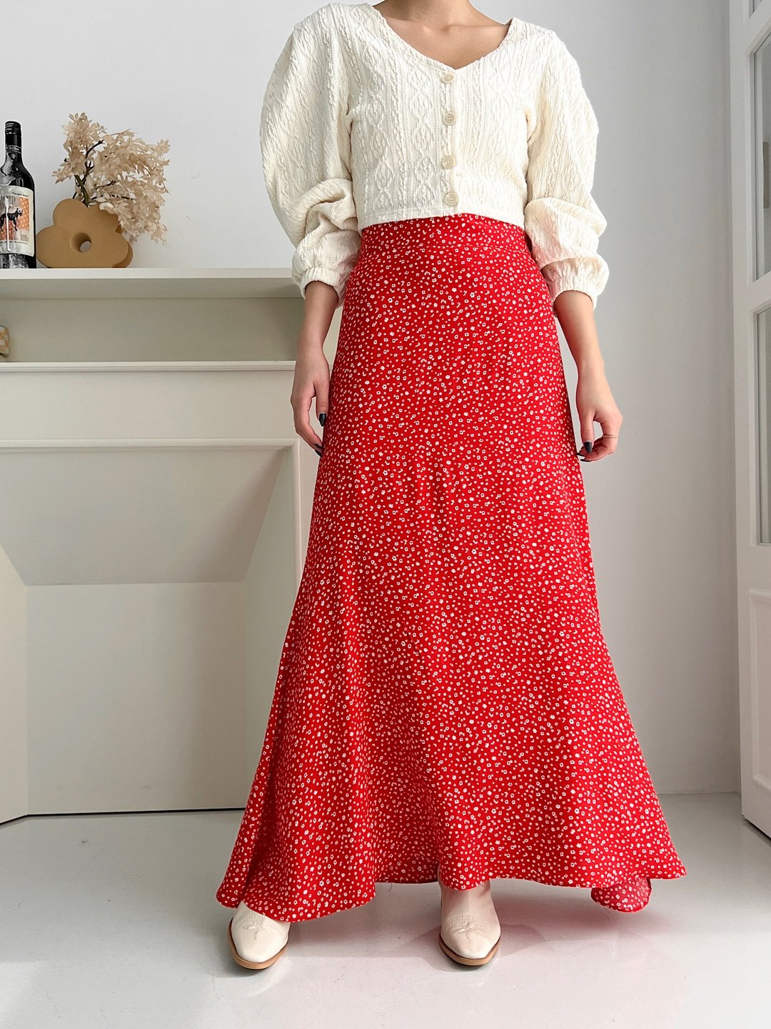 [[당일발송] 플라워 프린팅 머메이드 플레어 롱 스커트]