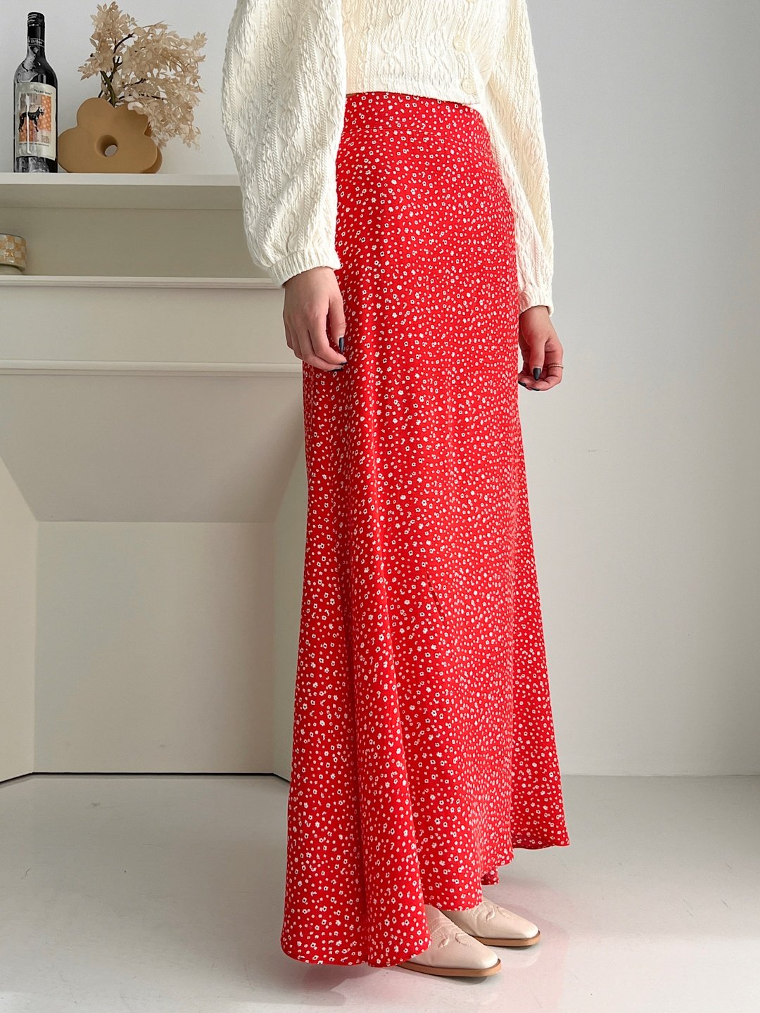 [[당일발송] 플라워 프린팅 머메이드 플레어 롱 스커트]